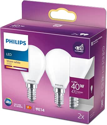 Philips Lot de 2 Ampoules LED E14 Équiv. 40W, Blanc Chaud, Éco