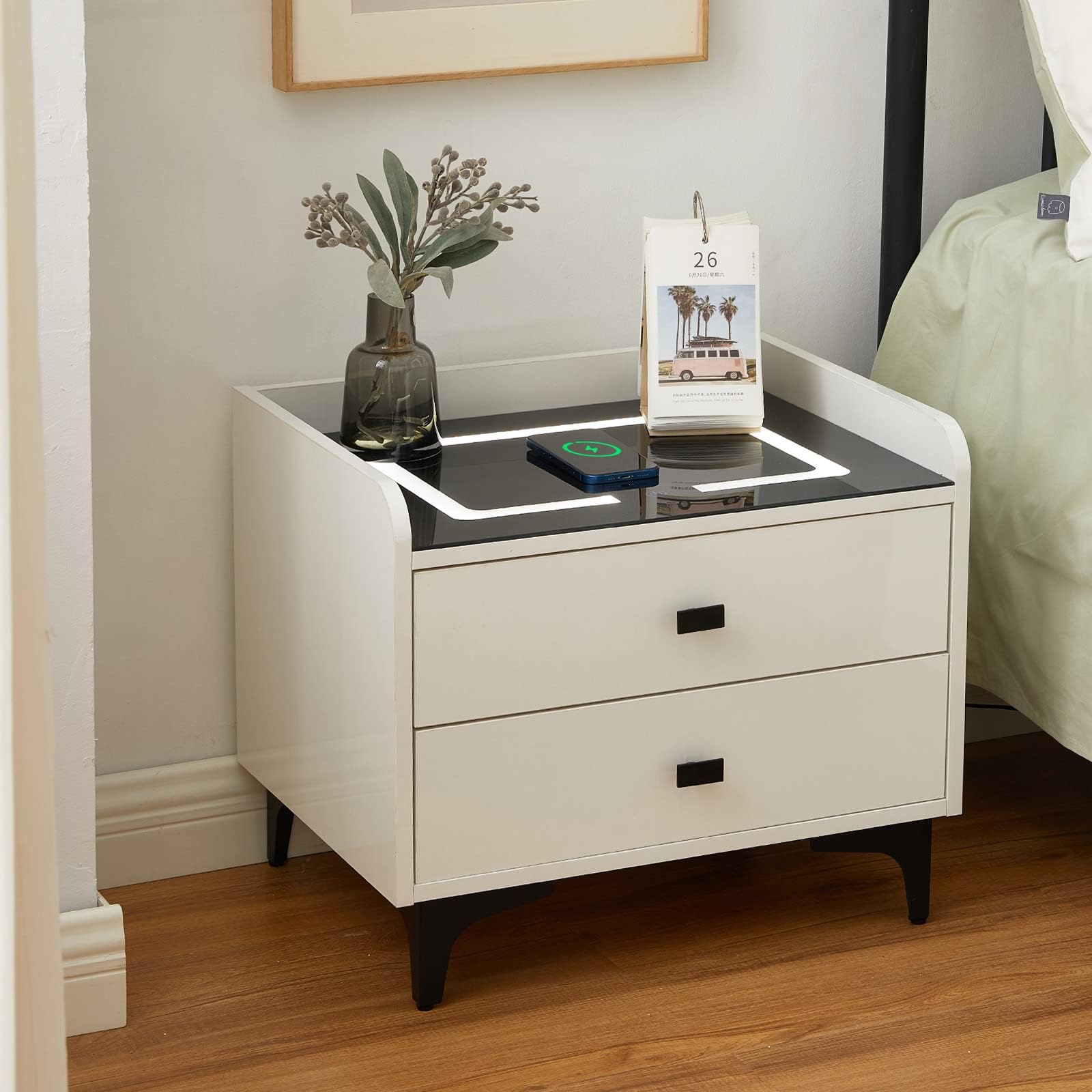 HOMCOM Modern Bedside Table with RGB LED Light, Remote, USB Powered LED ...