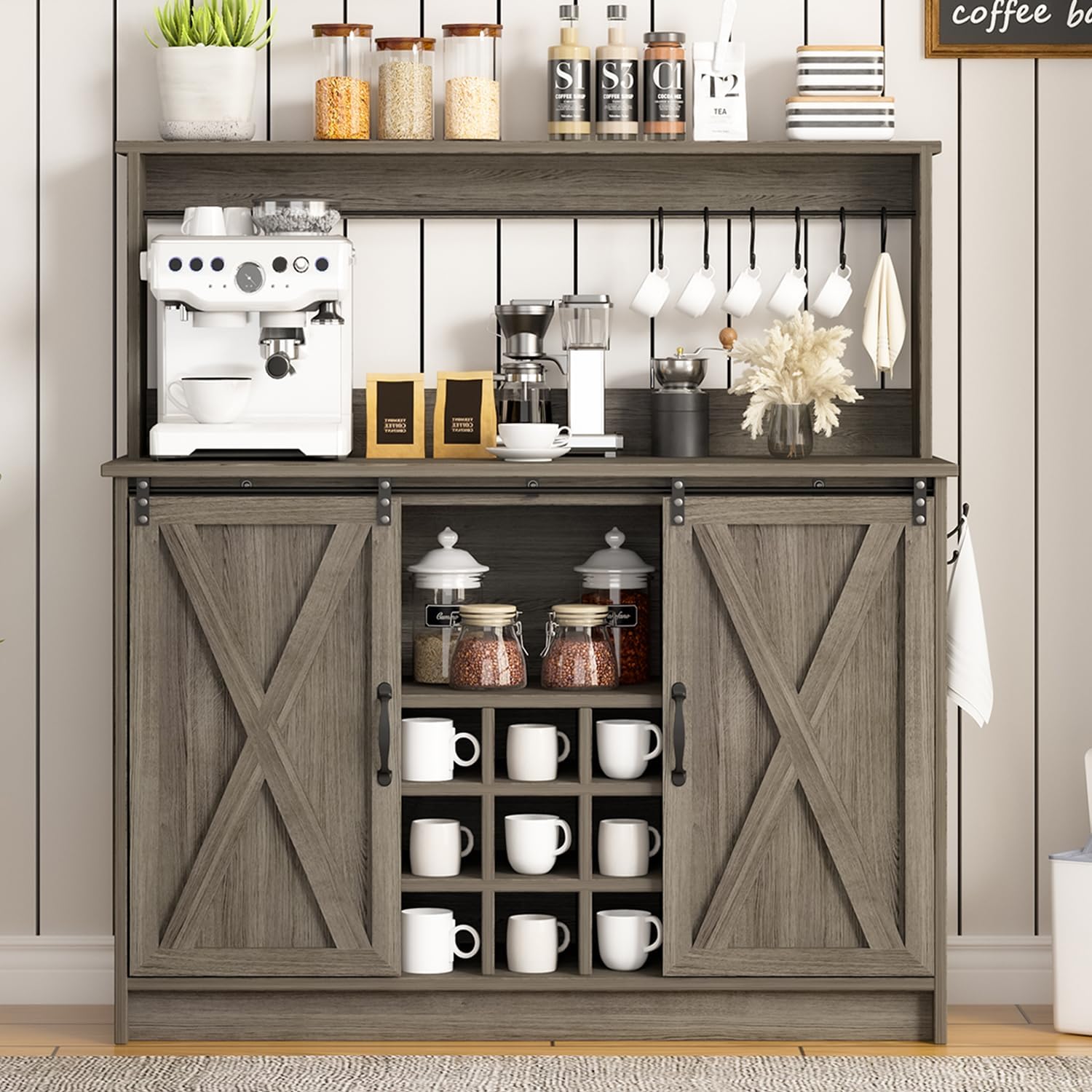 Amazon.com: Farmhouse Coffee Bar Cabinet, 47" Grey Coffee Bar with ...