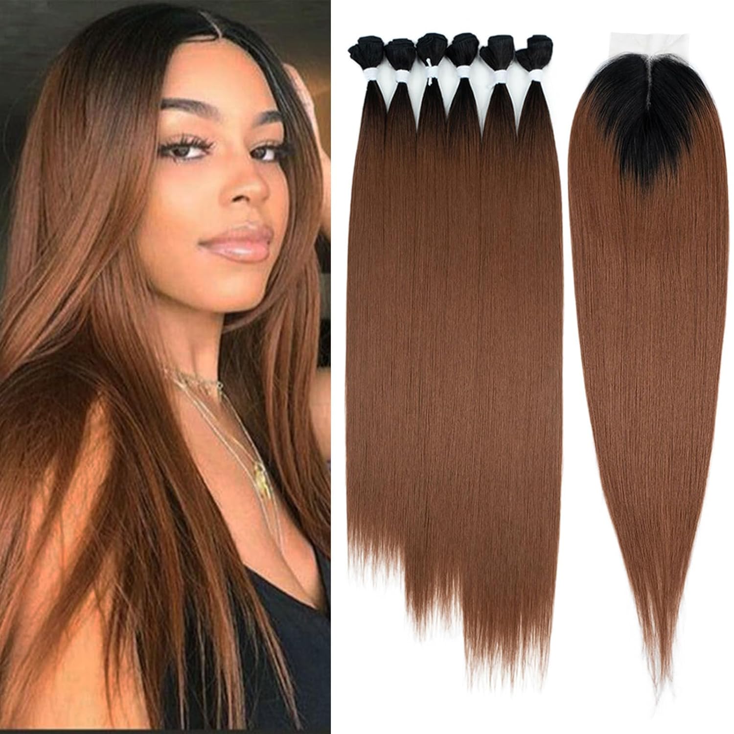 Amazon.com : DÉBUT Silky Straight Synthetic Hair 6 Bundles with Lace ...