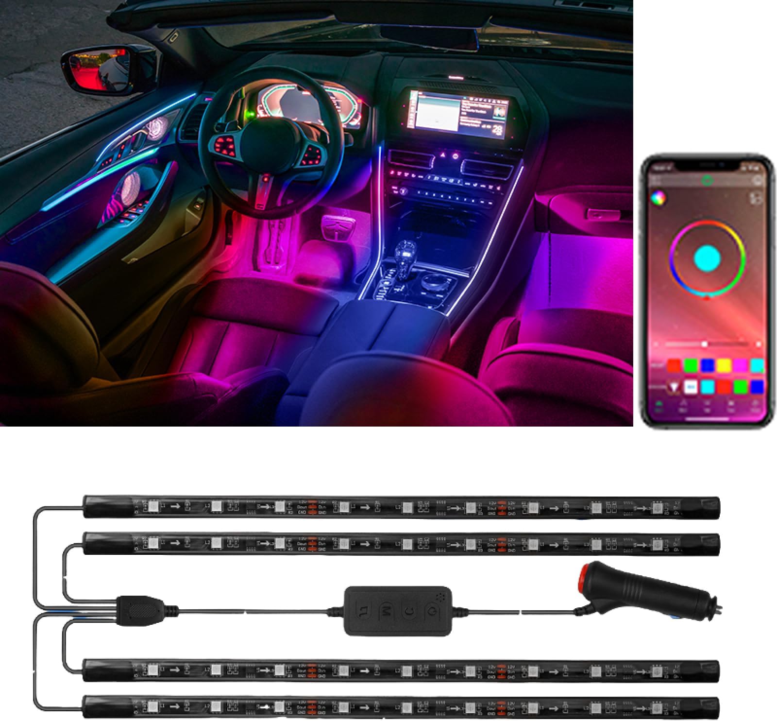 Amazon.com: FCPVHOY RGB LED Car Interior Light Strips with App Controls ...