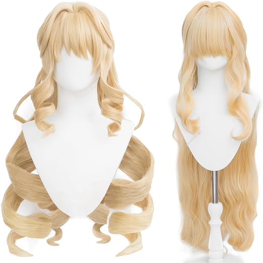 Blonde Long Wave Cosplay Wig with Bangs Heat Resistant Synthetic Fabric ...