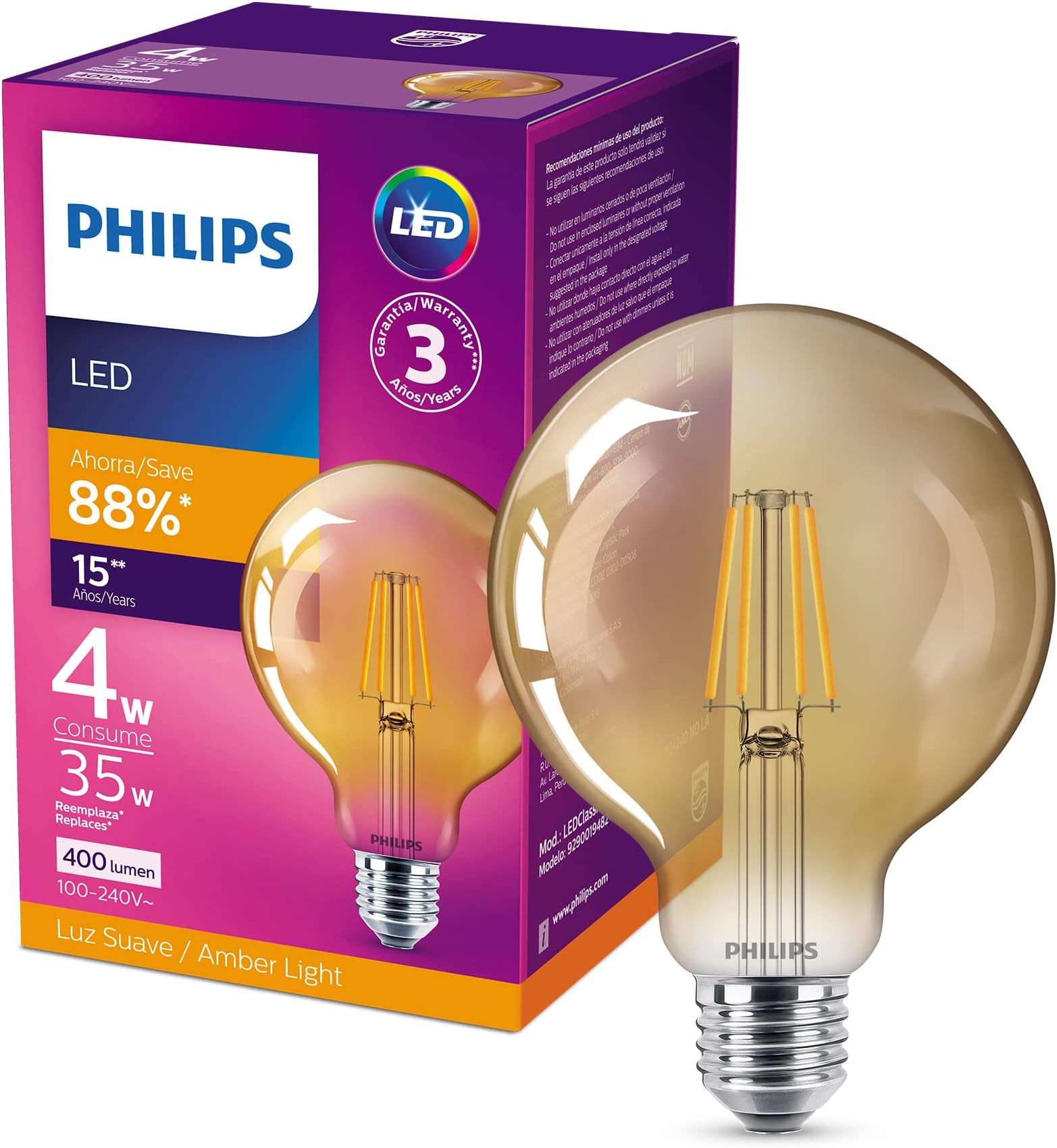Philips LED Foco Vintage luz cálida G93 con acabado ambar no dimeable ...