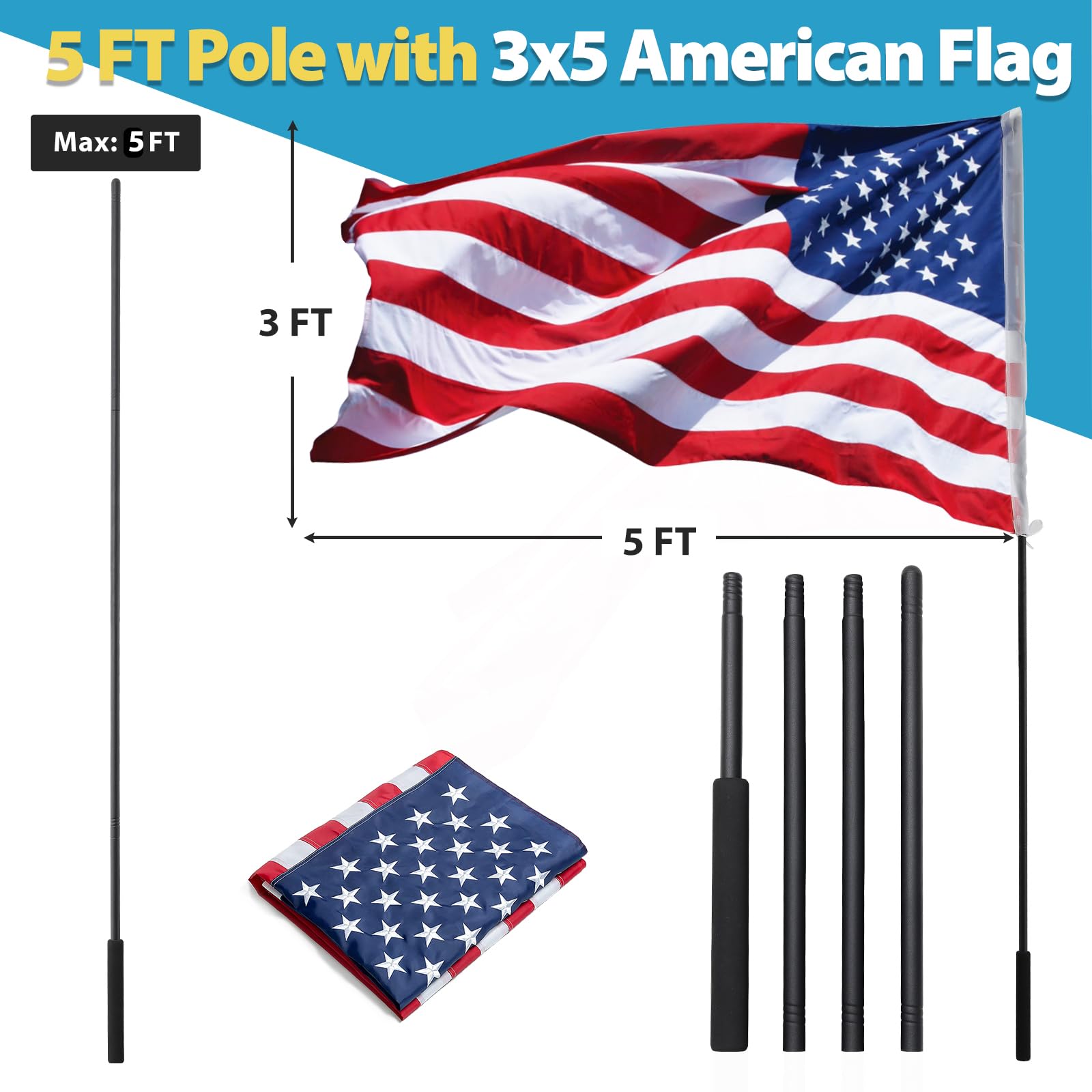 Snapklik.com : Portable Flag Pole, 5 Ft Flag Poles For 3x5 Flags ...
