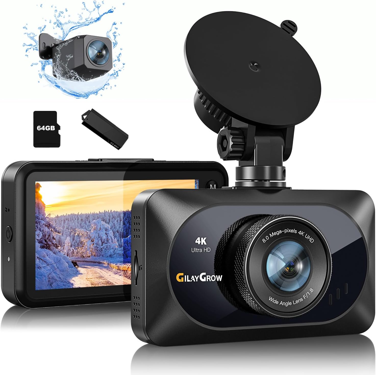 4K Dual Dash Cam Front 4K and Rear 1080P Car Dash Camera for Cars 64GB ...