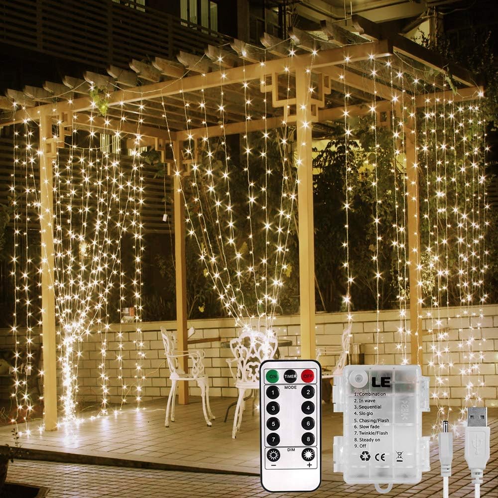 LE Curtain Lights Battery Powered, USB Operated Warm White Christmas ...