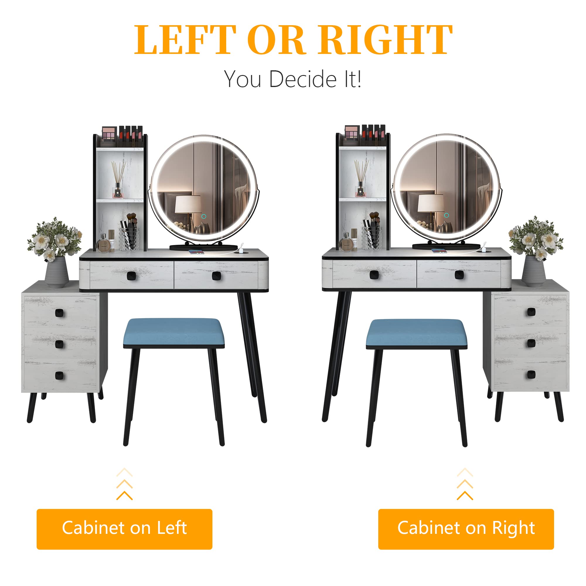 LVSOMT Vanity Desk Sets with Round Lighted Makeup Mirror, 3-in-1 USB ...