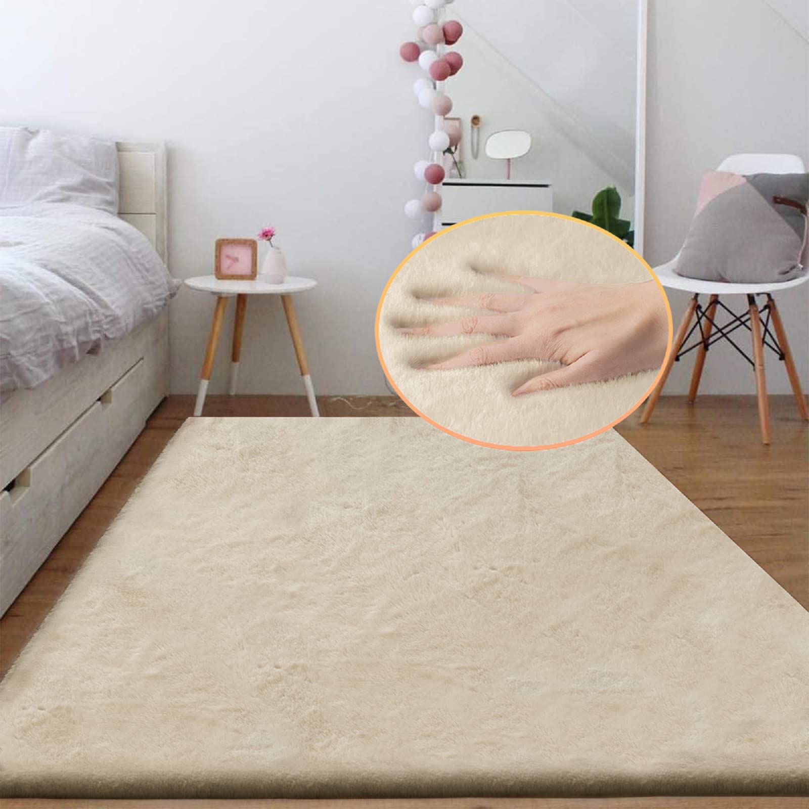 ORINOVA Beige Plush Faux Washable Rabbit Fur Area Rugs for Bedroom Shag ...