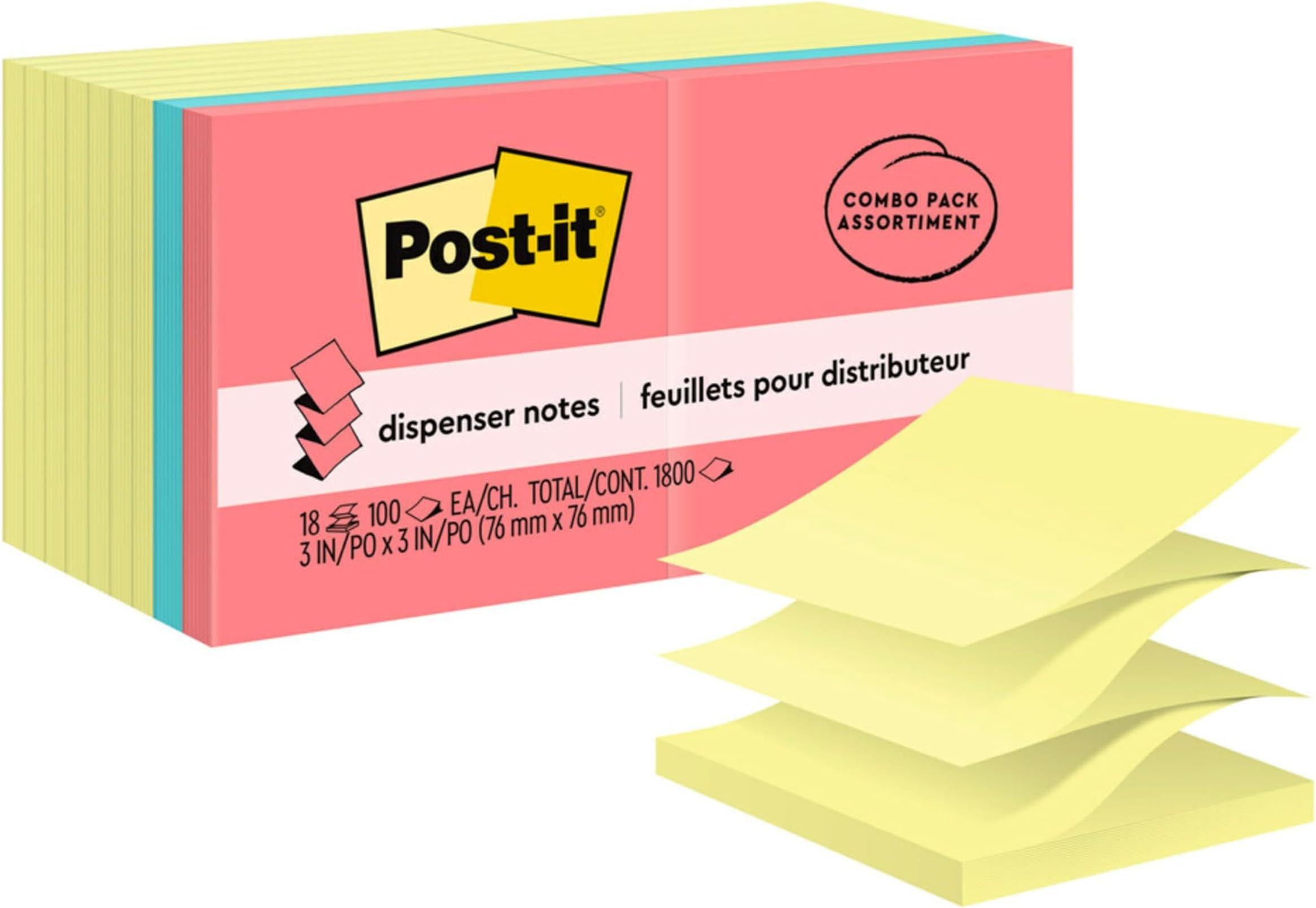 Post-it Dispenser Pop-up Notes, 3x3 in, 18 Pads, Assorted Colors, Clean ...