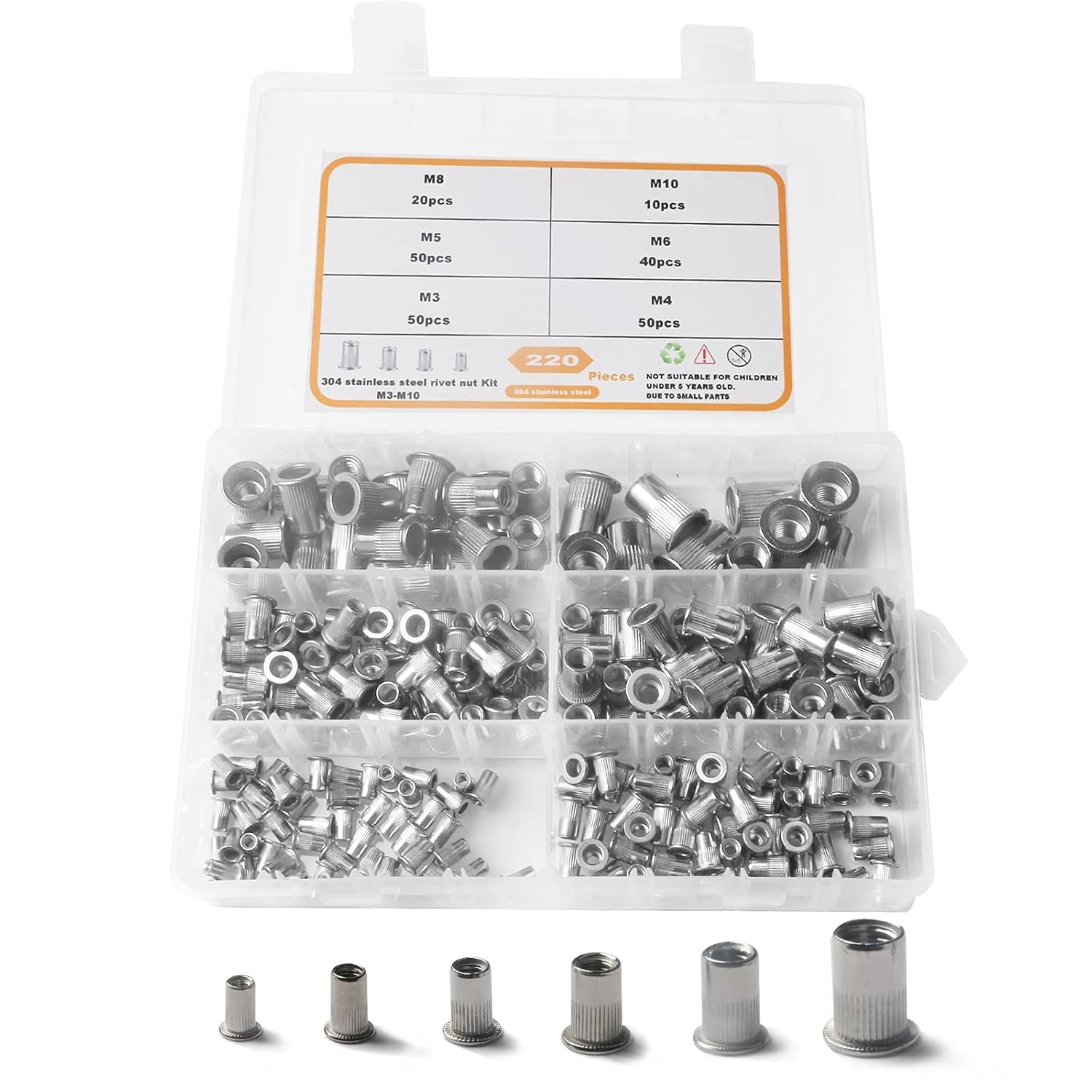 220PCS Écrous Aveugles Ecrou Rivet Ecrous à Riveter Acier Inoxydable ...