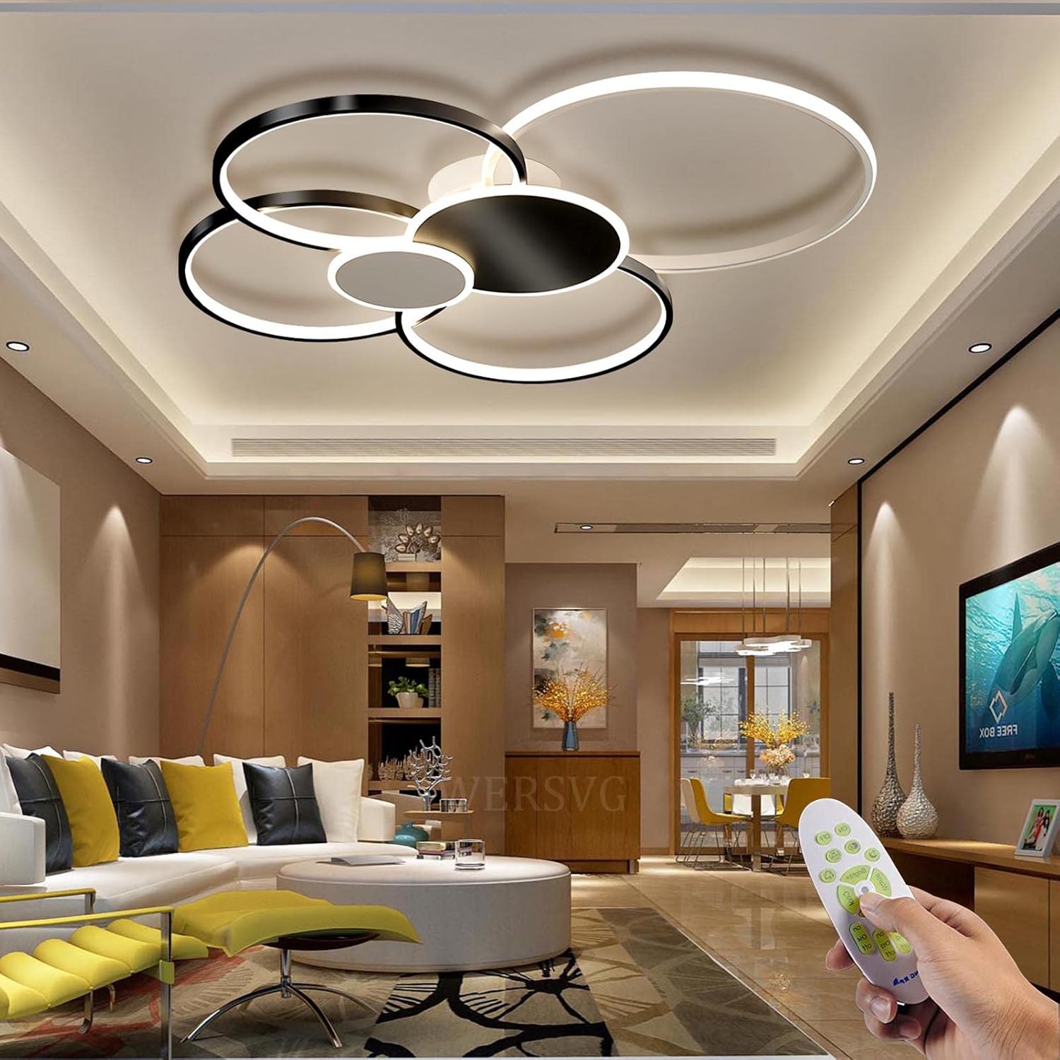 L100cm Modern LED Ceiling Light Living Room Ceiling Lamp Black 6-Ring ...