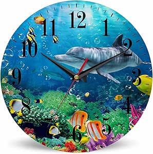 Amazon.com: Mxocom Cute Dolphin Wall Clock Coral Colorful Tropical Fish ...