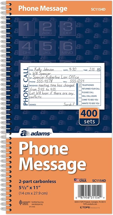 Adams Phone Message Book, 400 Sets, 5.5" x 11", Carbonless Duplicate ...