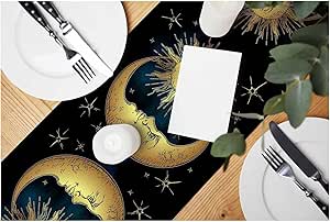 Amazon.com: HOSNYE Table Runner Golden Sun and Moon,Cotton Linen Table ...