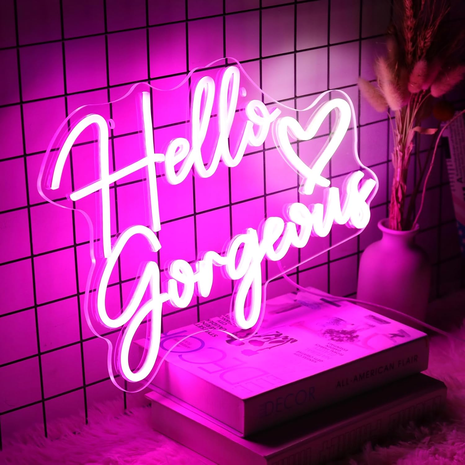 Letrero de neón con texto en inglés «Hello Gorgeous para boda, para ...