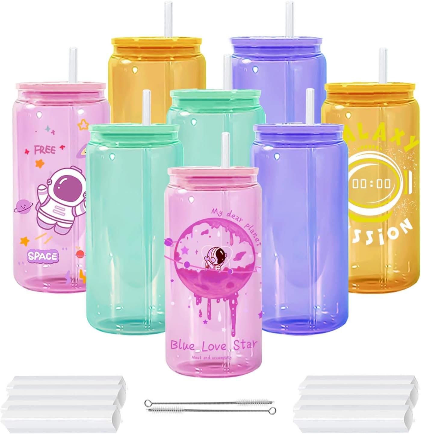 Amazon.com: Kocdam 8 Pack Sublimation Glass Cups with Lids and Straws 16 oz Colorful Sublimation ...