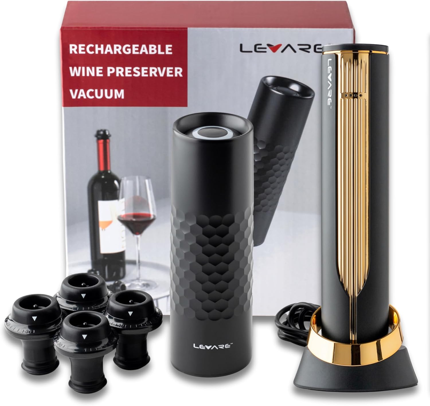 Amazon.com: Levare Wine Preservation & Opening Set: Rechargeable Wine Saver Vacuum Pump with 4 ...