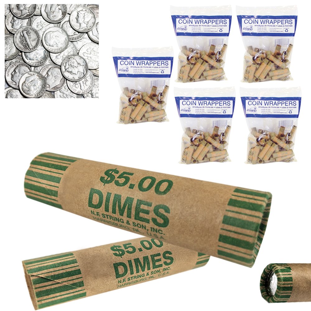 Amazon.com : 180 Preformed Dimes Tubes Paper Coin Wrappers 10 Cent ...