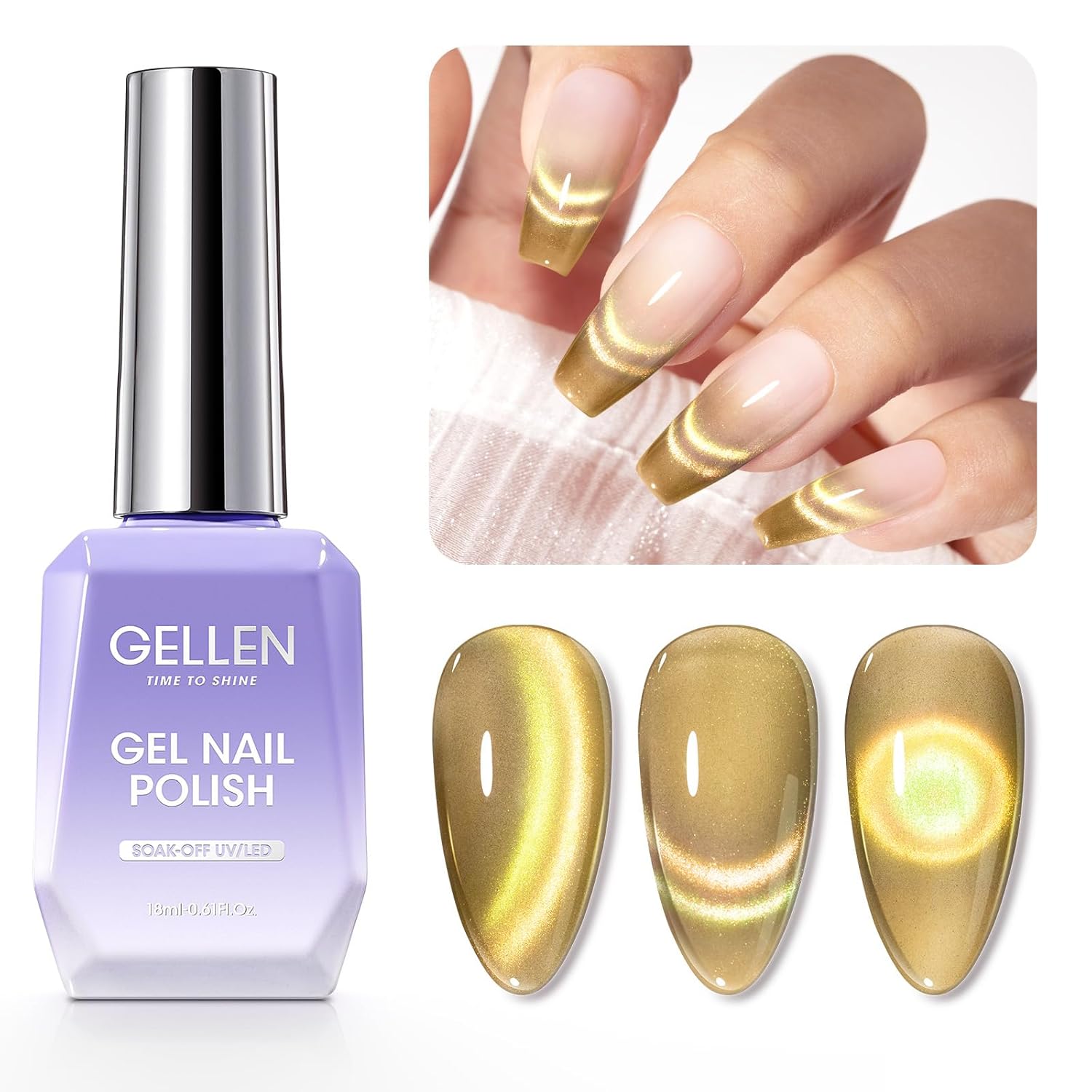 Amazon.com : Gellen Cat Eye Gel Nail Polish, 18ml Gold Magnetic Gel ...