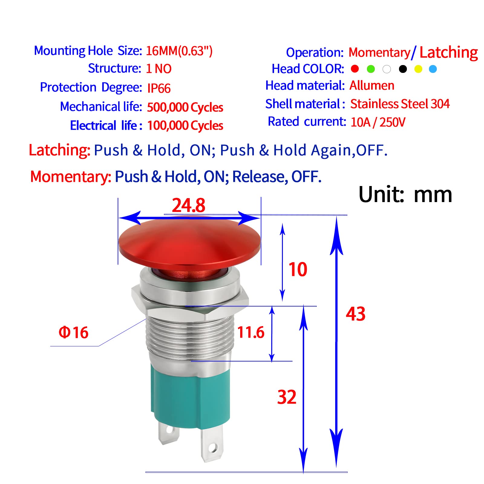 Snapklik.com : ZJWZJH 10 Amp Push Button Switch Red 16mm Momentary ...