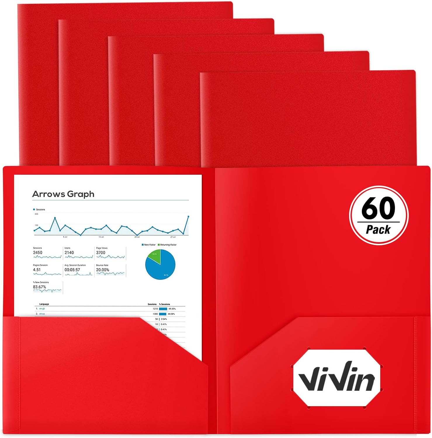 Amazon.com : ViVin 60-Pack Red Plastic Folders with Pockets, Two Pocket ...