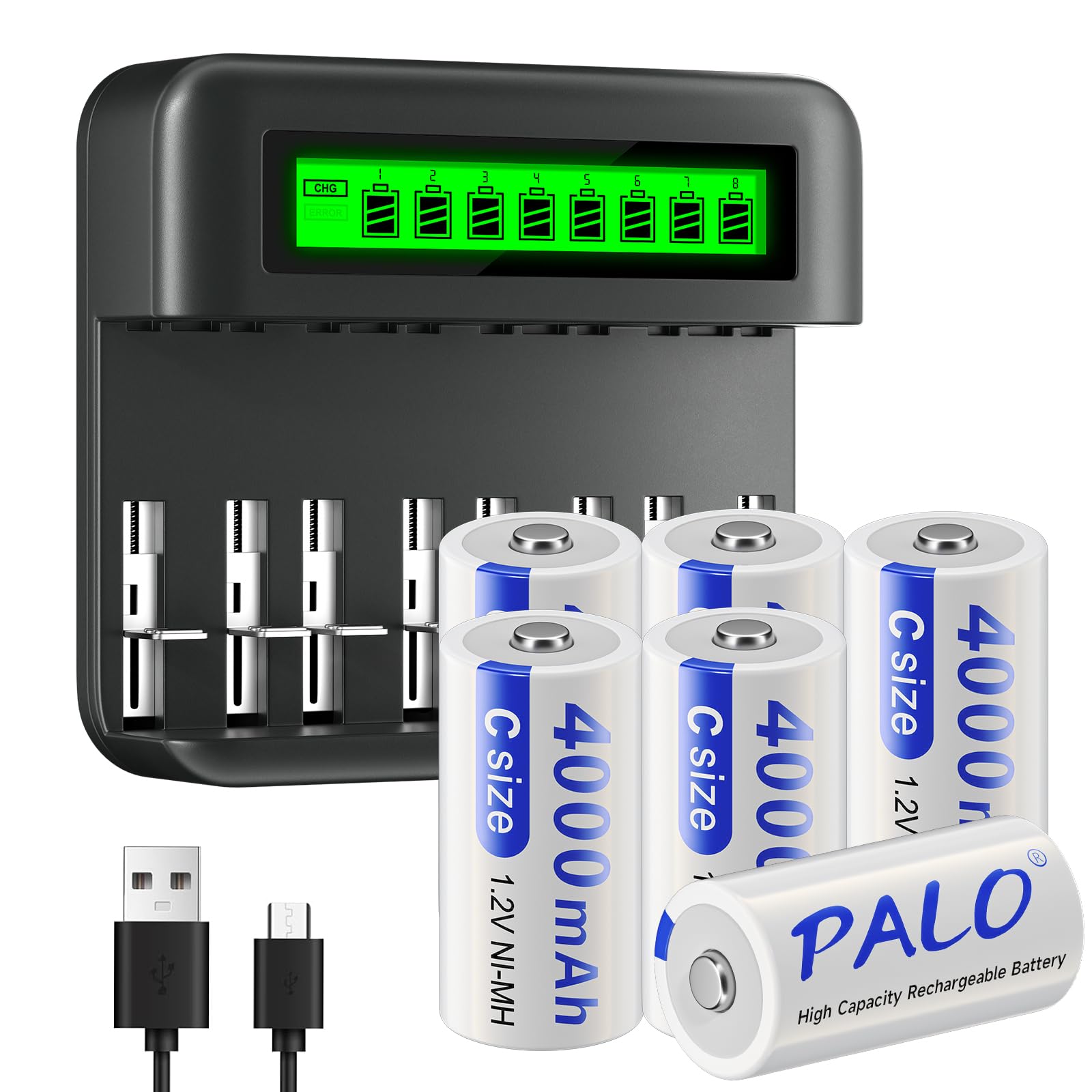 6 Pack Rechargeable C Batteries with LCD Display Universal Battery ...