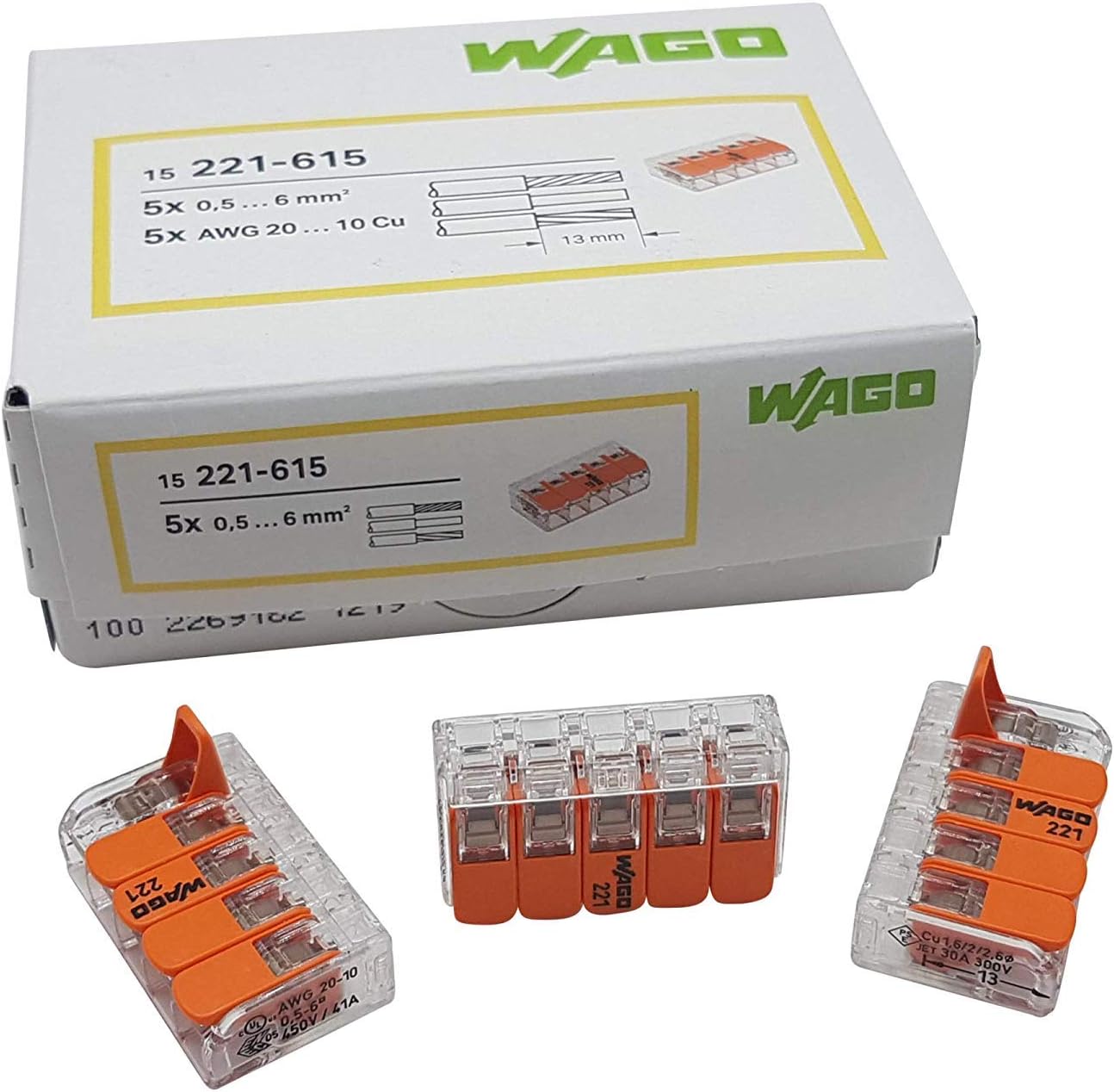 WAGO Steckklemme 5-Fach mit Hebel für starre und flexible Drähte (0,5-6 ...