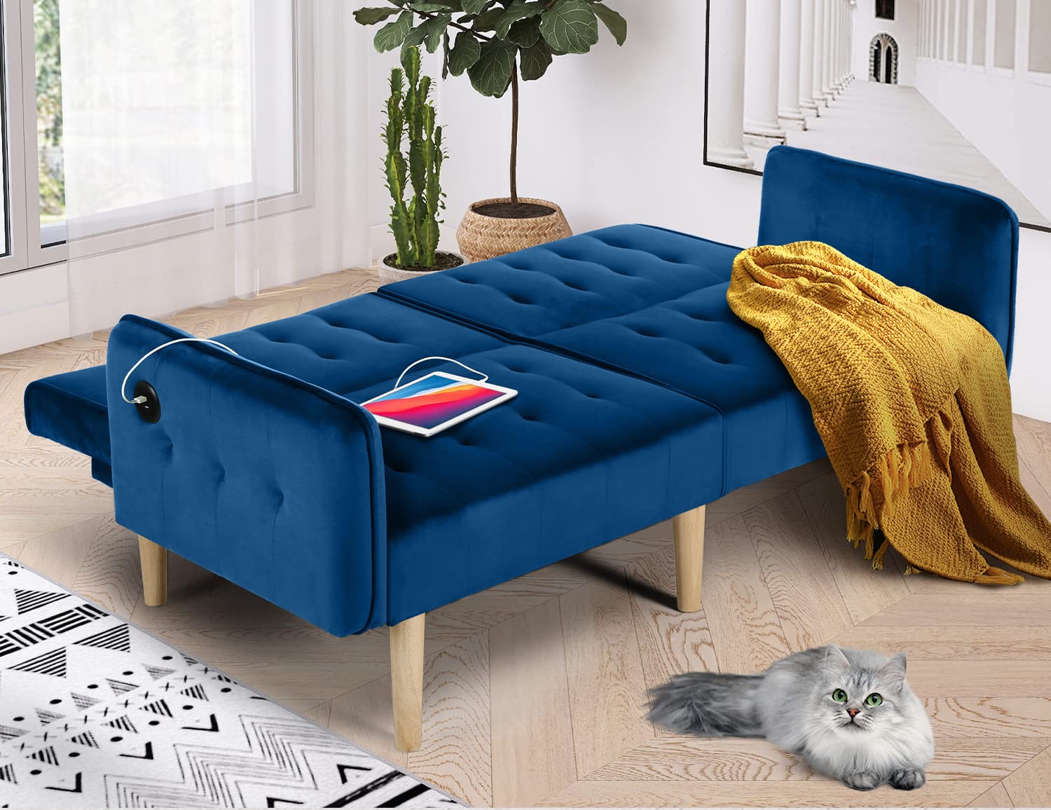 TYBOATLE 65"W Velvet Modern Convertible Folding Futon Couch Sofa Bed w ...