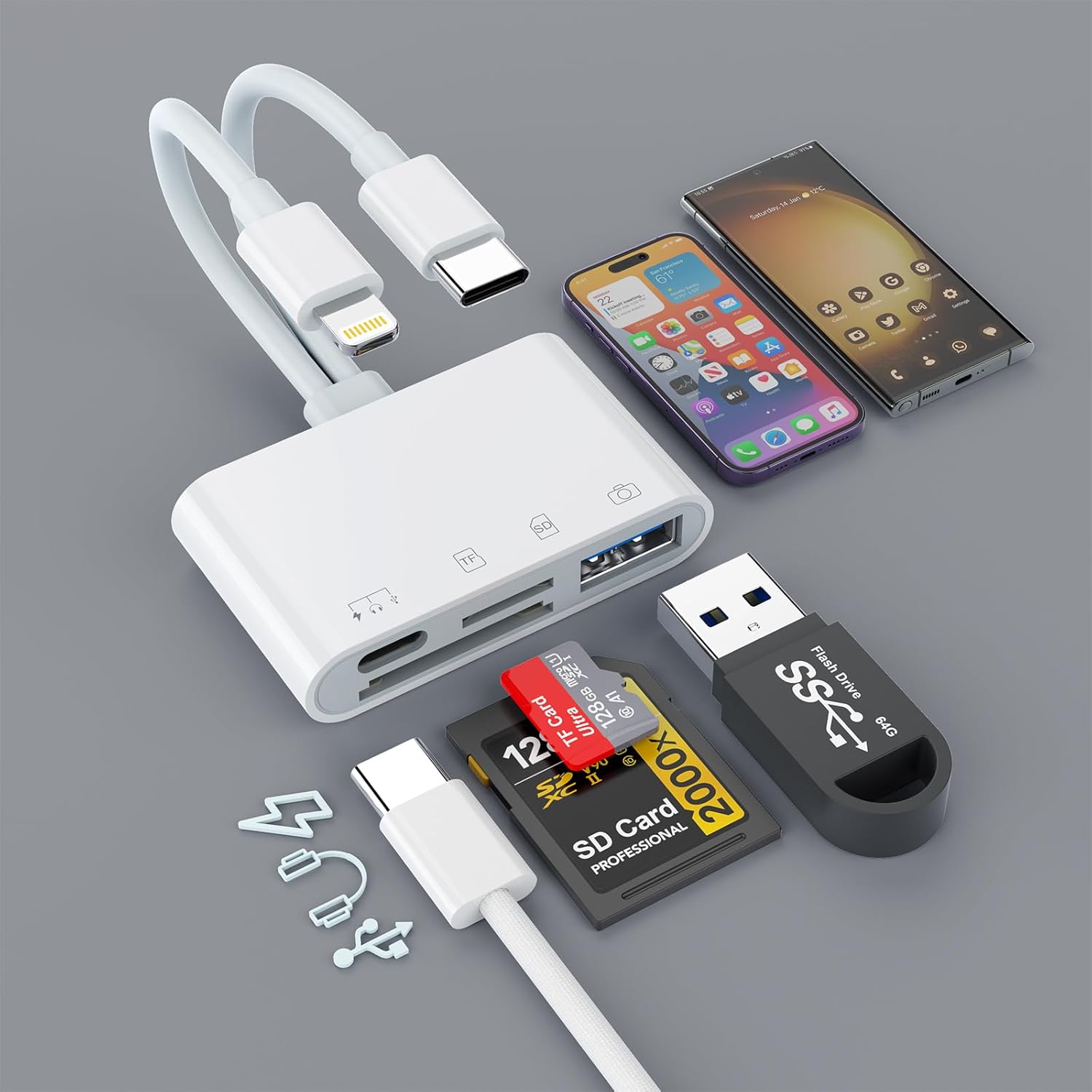 4 in 2 SD Card Reader for iPhone/iPad, USB C/Lightning to Micro SD/SD ...