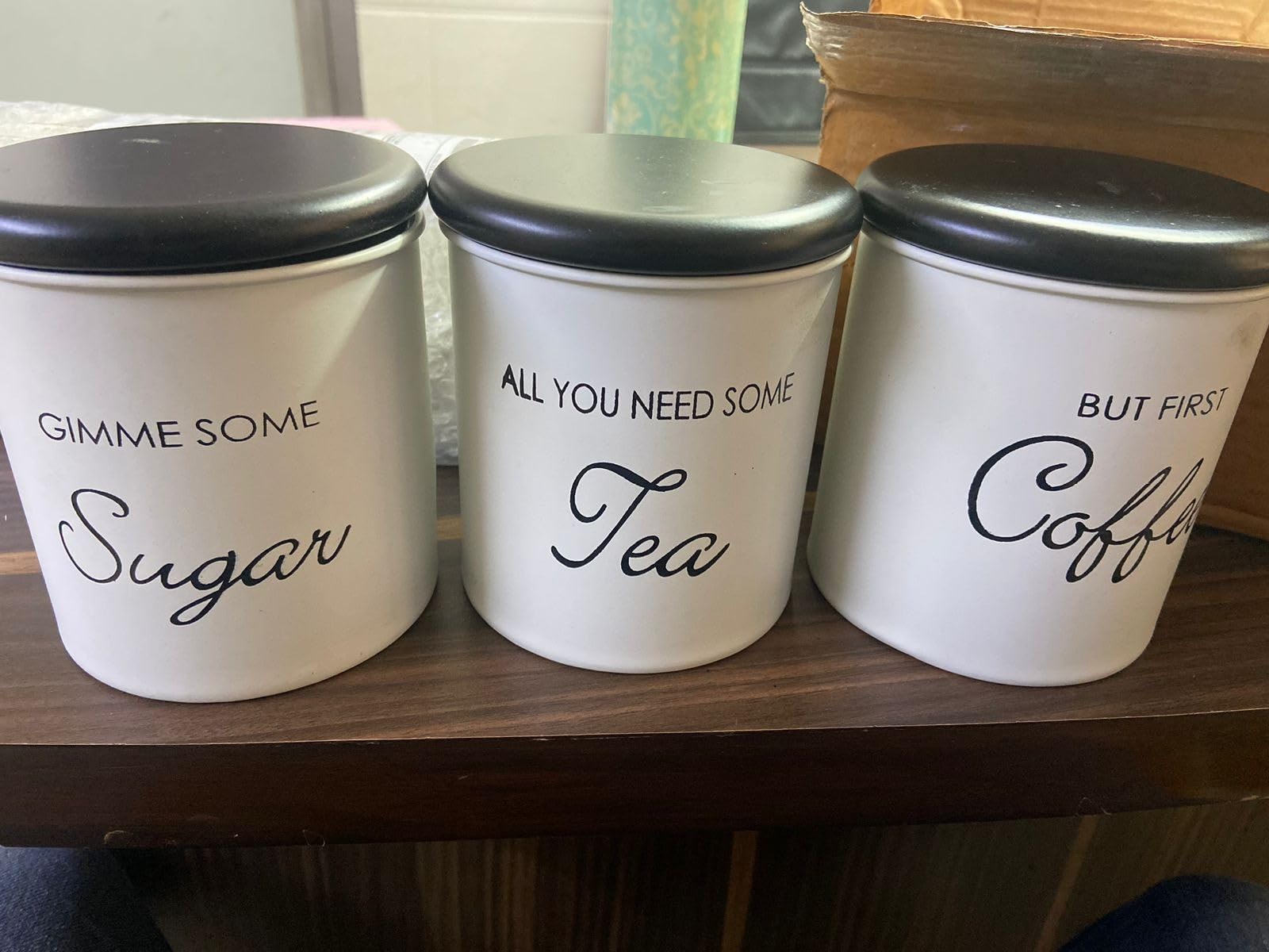 TUWEL Tea Coffee Sugar Containers Set Of 3-White Coated Tea Coffee ...