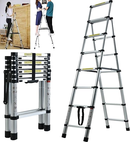 Telescopic Step Ladder 7 Tread Slip Resistant Aluminium Safety Tall ...