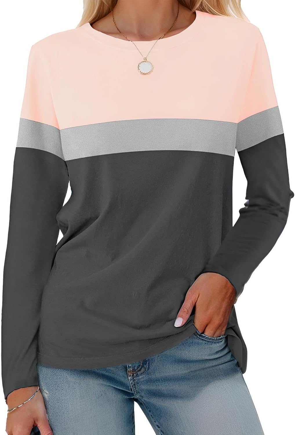 Teepie Womens Long Sleeve Color Block Tops Casual Round Neck Pullover ...