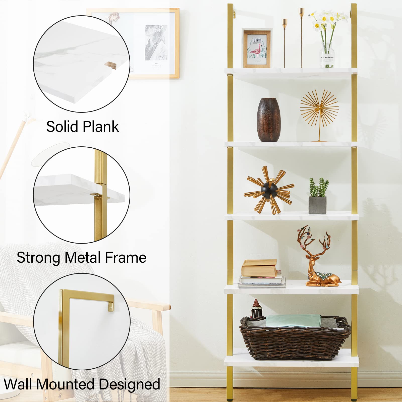 SUPERJARE Modern Ladder Shelf, 5-Tier Open Wall-Mounted Bookshelf with ...