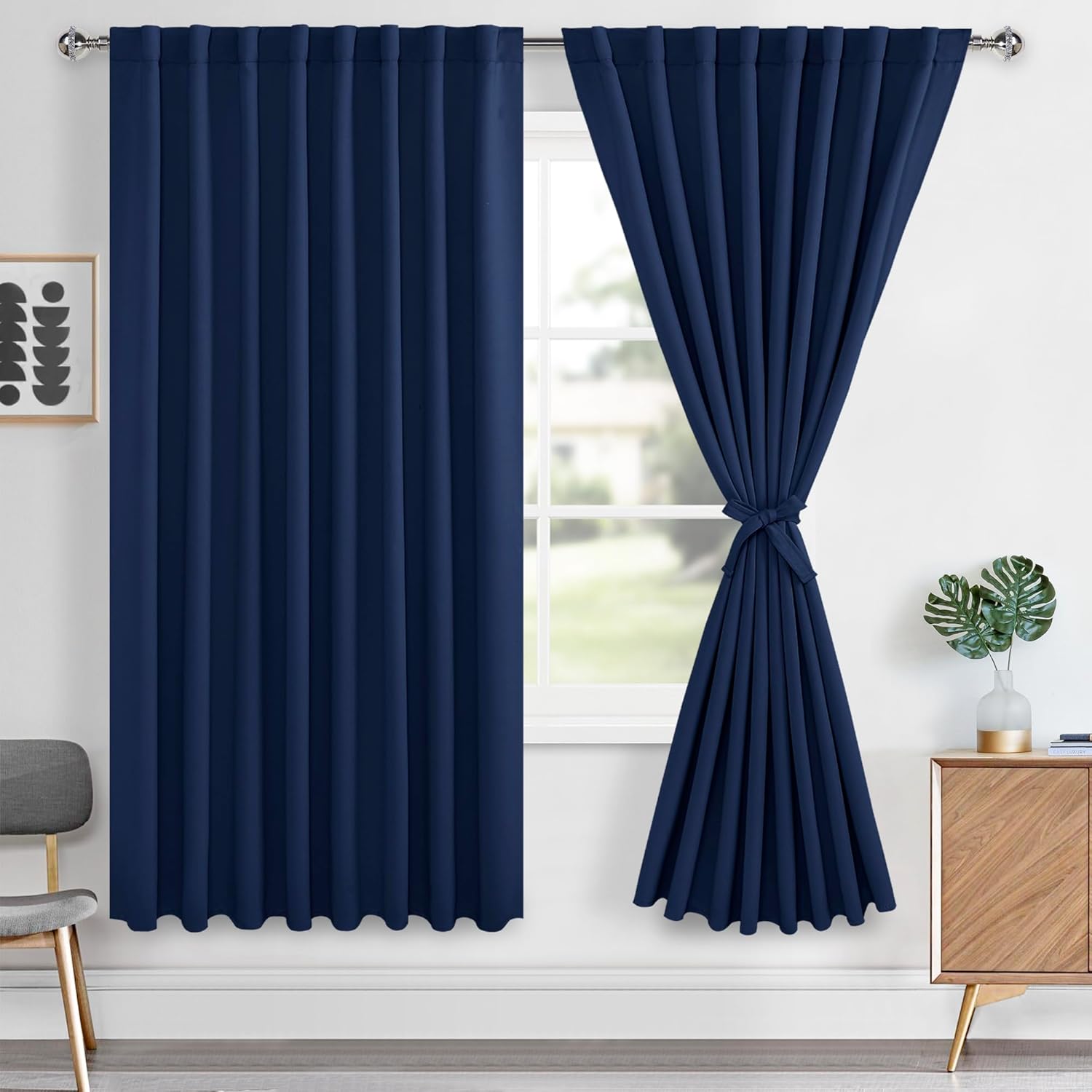 Amazon.com: Hiasan Navy Blue Curtains 63 inch Long Sewn with Tiebacks ...