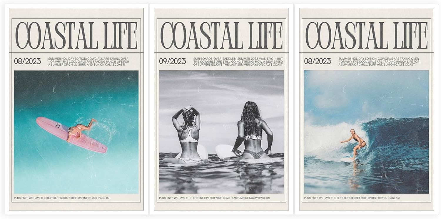 DVBOCS Retro Coastal Life Newspaper Poster Vintage 3 Set Beach Canvas ...