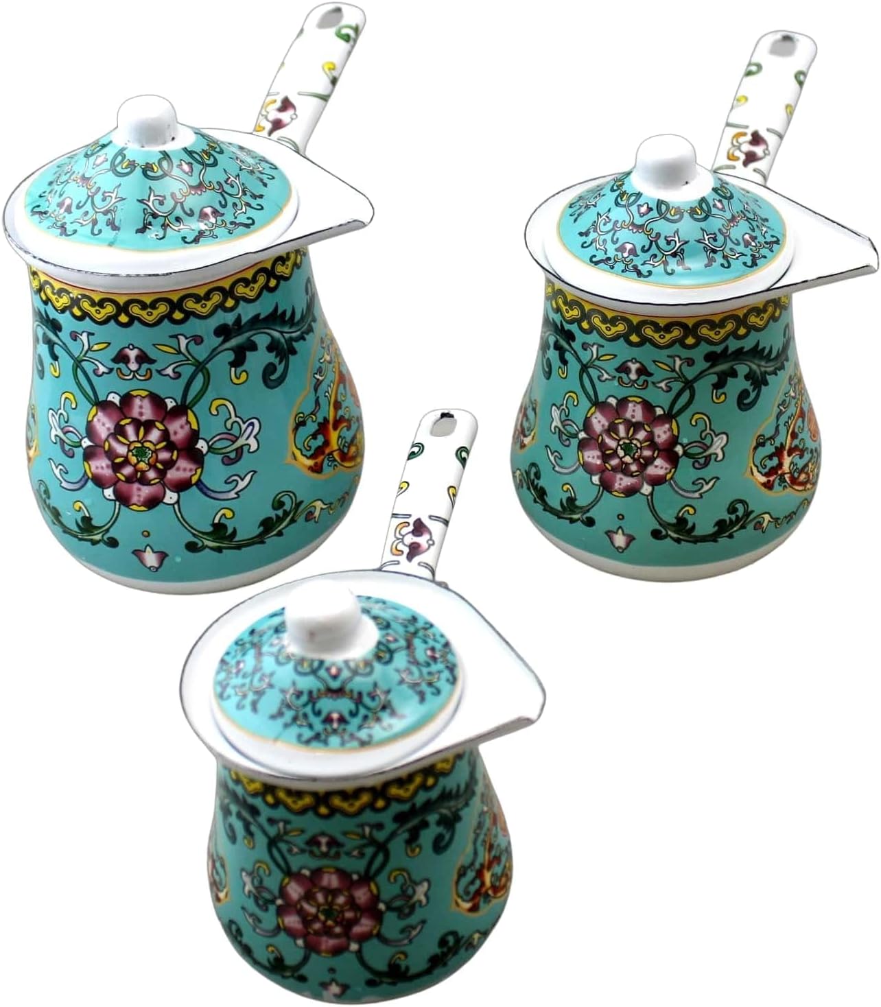 Amazon.com | 3-Piece Turkish Coffee Pot Set with Covers - Enamel Design ...