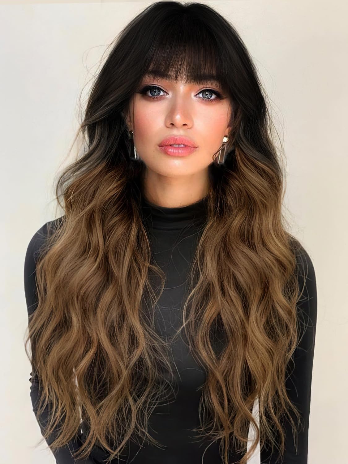 Amazon.com : AISI HAIR Wig with Bangs Black To Brown Long Wavy Wig for ...