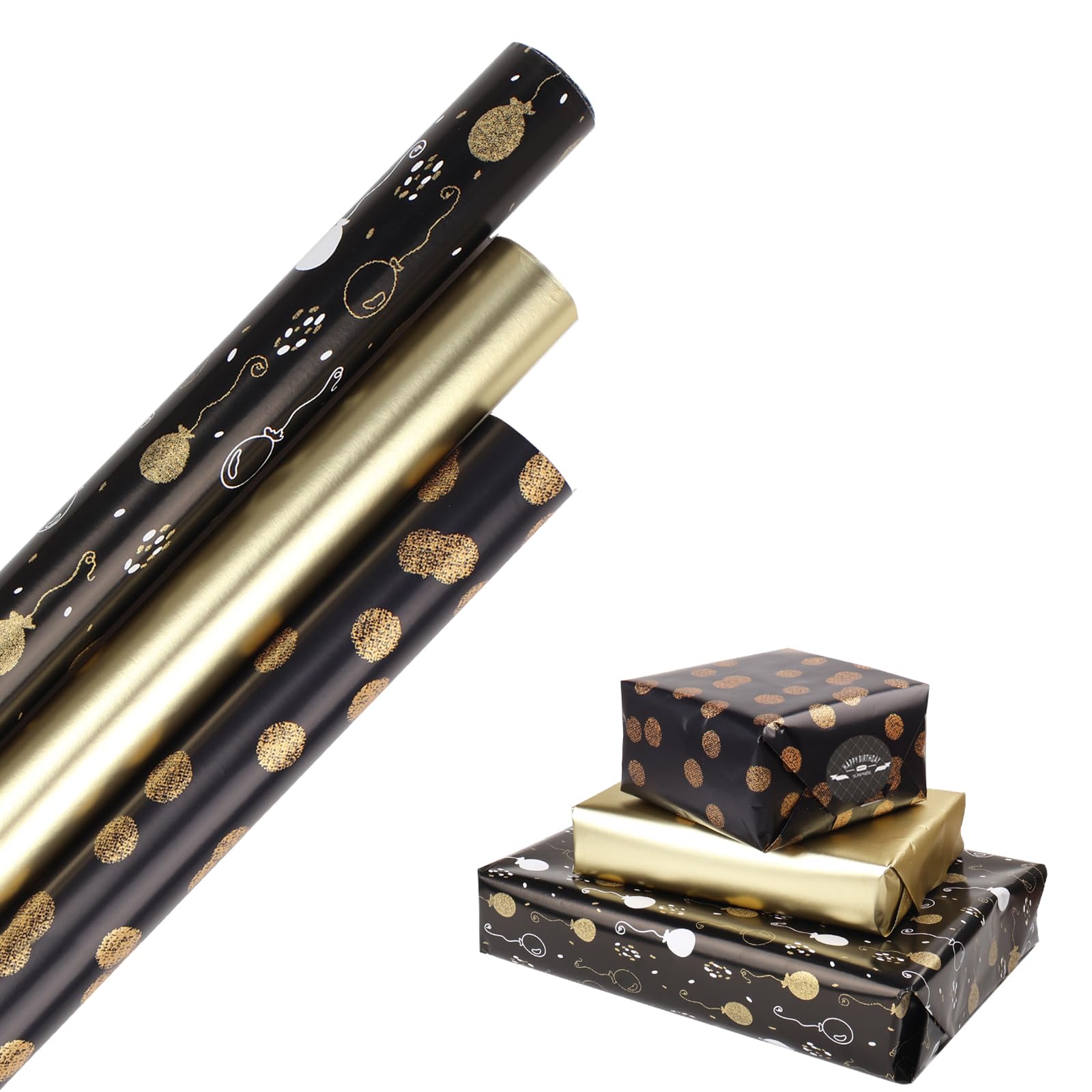 HBell Black Gold Wrapping Paper Roll,3 Rolls Gift Wrap Paper,Metallic ...