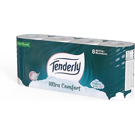 Tenderly Ultra Comfort, 8 rotoli di Carta Igienica Pura, 3 Veli, 200* Strappi per Rotolo ...
