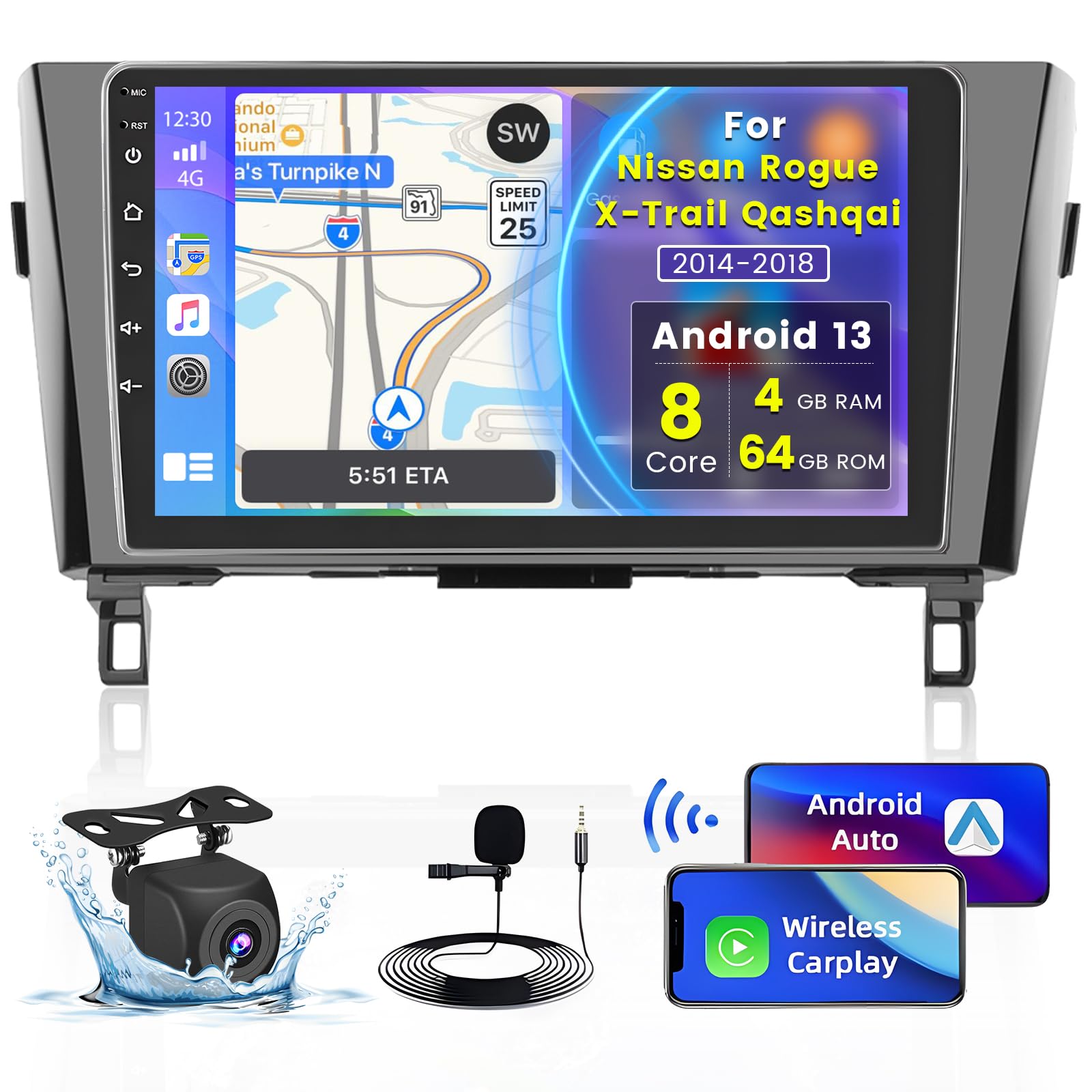Amazon.com: Roinvou [8 Core 4G+64G] for Nissan Rogue X-Trail Qashqai 2014-2018 Android Radio ...