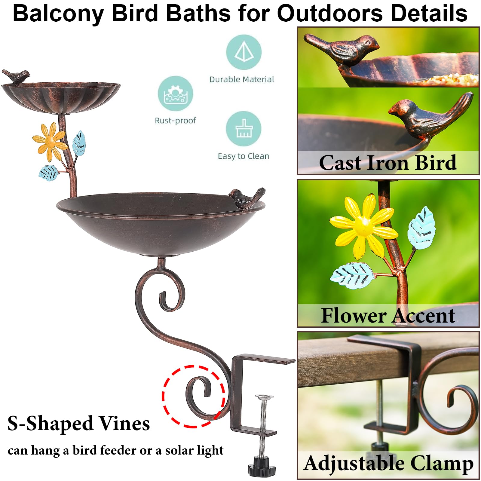 Snapklik.com : Aifeorzo Deck Mounted Bird Bath, Balcony Bird Bath And ...