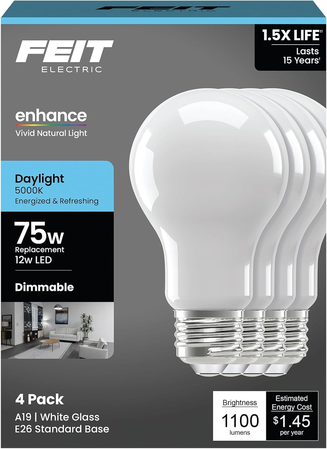 Feit Electric A19 LED Light Bulb, 75W Equivalent, 5000K Daylight ...