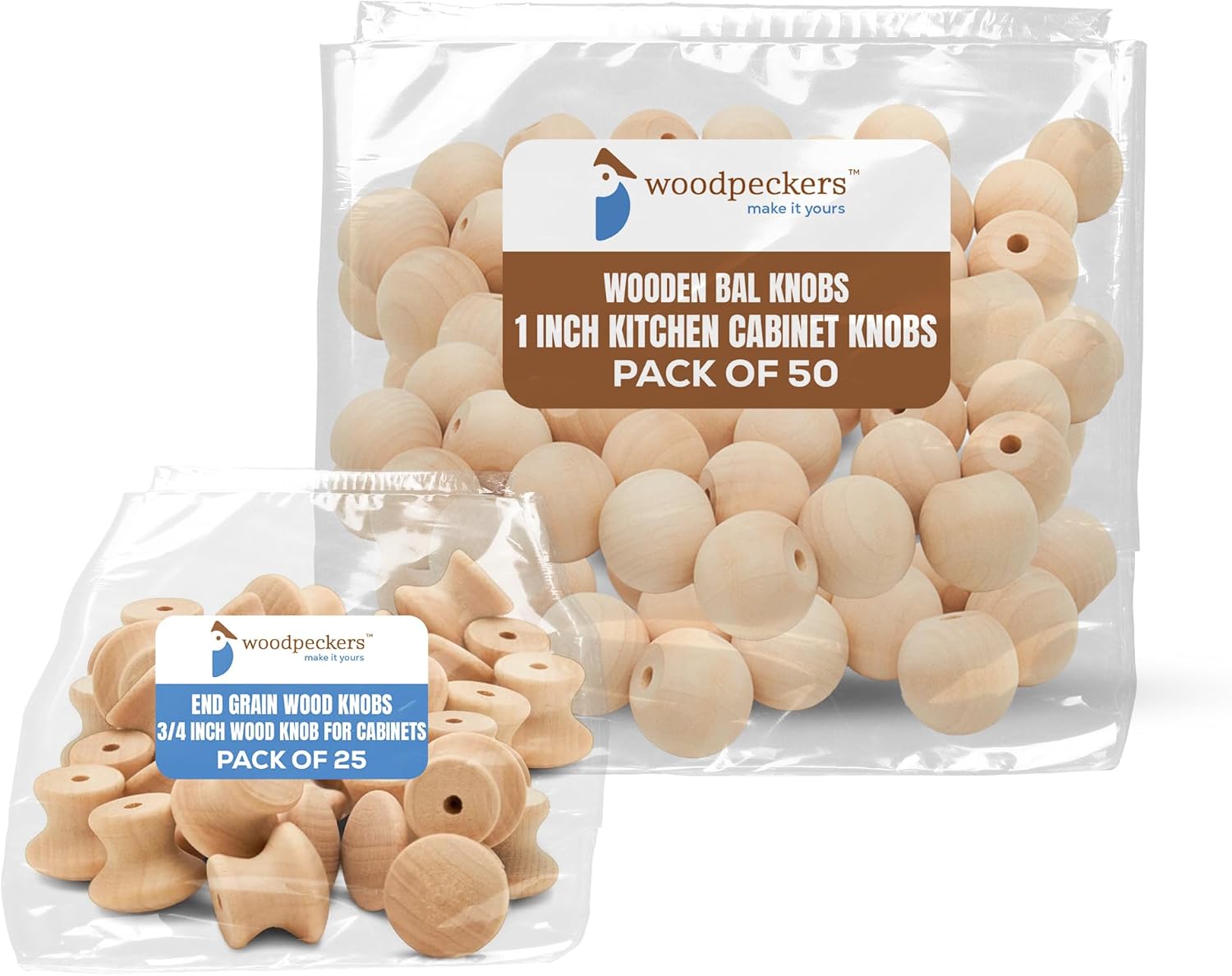 Woodpeckers End Grain Wood Knobs 3/4-inch, Pack of 25 and Unfinished Wood Ball Knobs 1 inch Pack ...