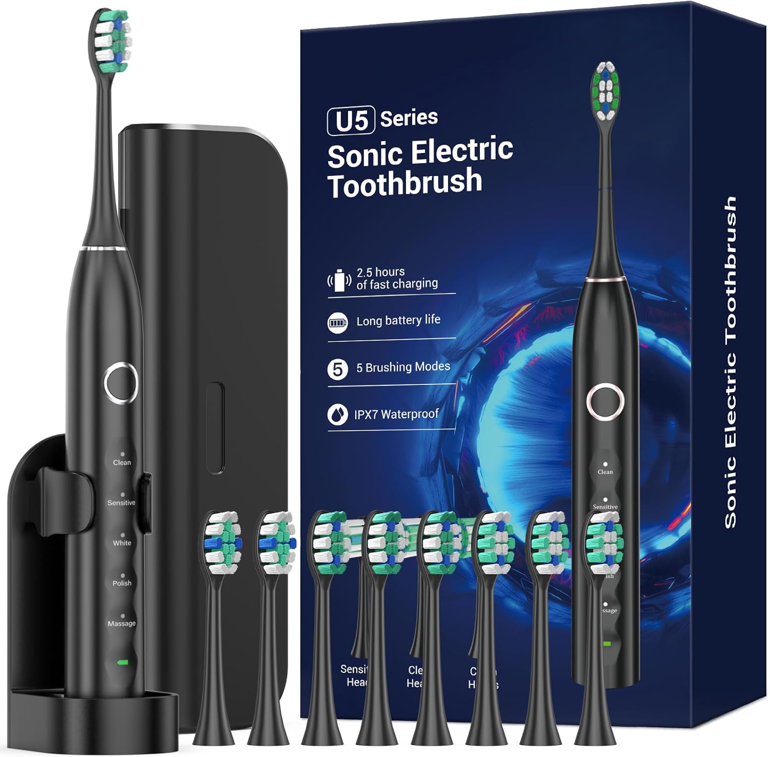 MISSCOZY Ultrasonic Toothbrush with 5 Modes and 8 Heads