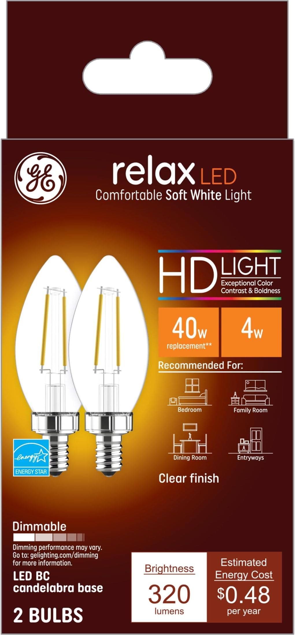 GE Relax LED Light Bulbs, Candle Light, Soft White, 40 Watts, Clear ...