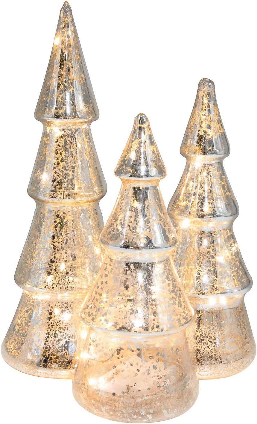 Amazon.com : LumaBase Battery Operated Silver Mercury Glass Trees - Set ...