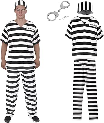 Amazon.com: Prisoner Costume Adult Men Striped Prison Criminal Suit ...