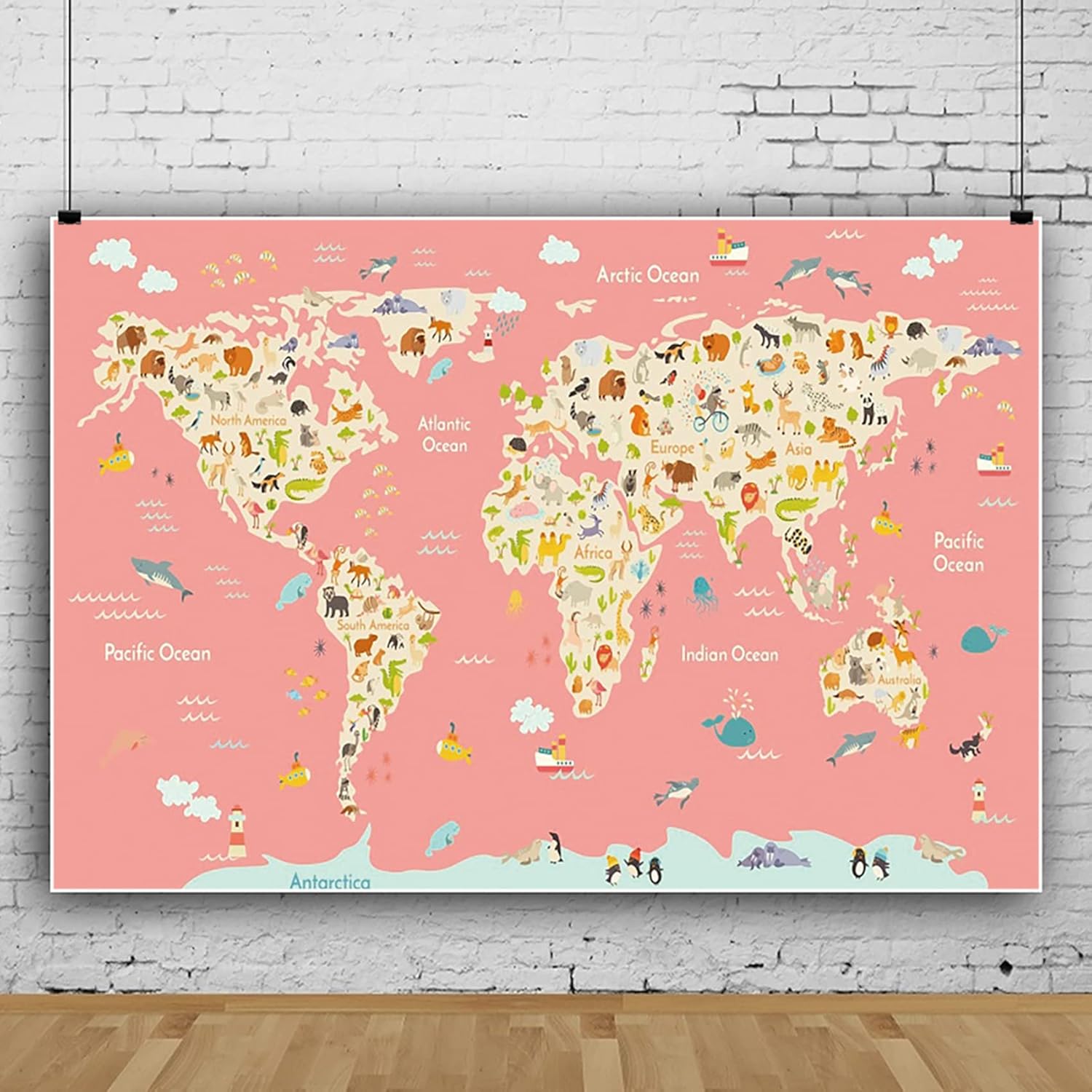 Amazon.com: 12x10ft Animals Map Backdrop Pink Theme World Map Geography ...