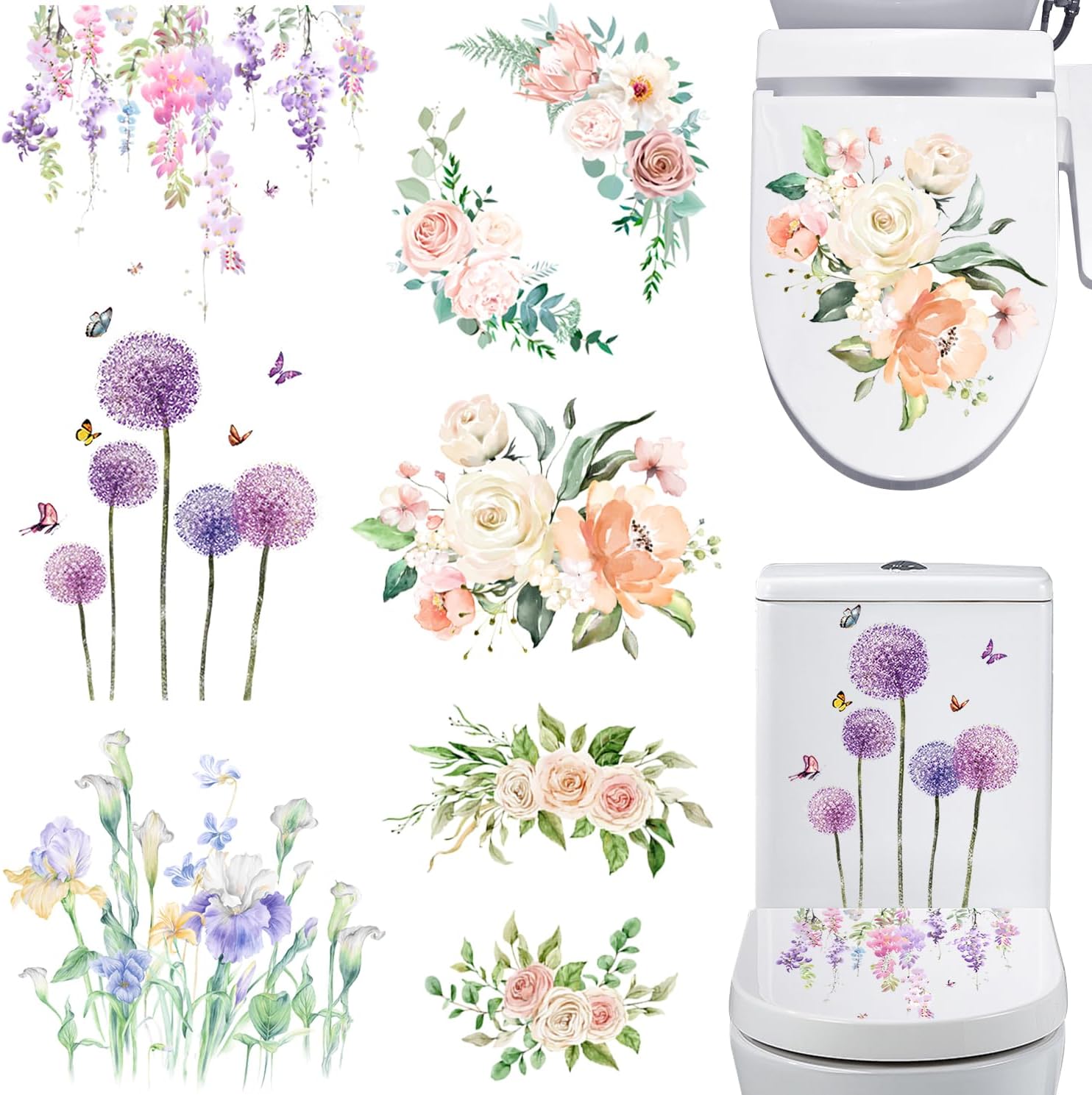 Amazon.com: 6 PCS Removable Flowers Toilet Stickers Floral and Plants ...