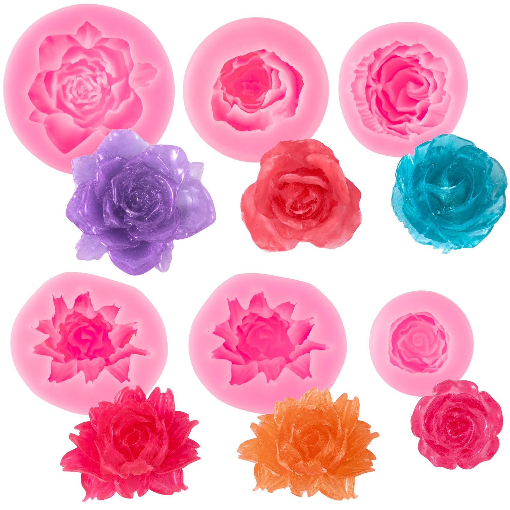 Amazon.com: HINZIC 6Pcs 3D Rose Flower Silicone Fondant Mold, Flower ...